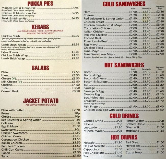 Menu at Jimmy Jacks cafe, London