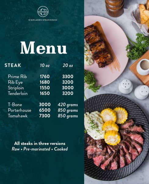 Menu at Highlands Prime Steakhouse, Pasig, Ground Floor
