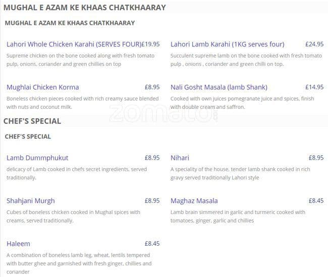 Menu at Mughal-e-Azam Restaurant & Banqueting, Birmingham