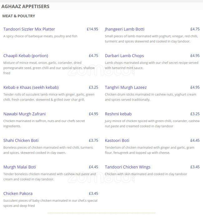 Menu at Mughal E Azam restaurant, Birmingham