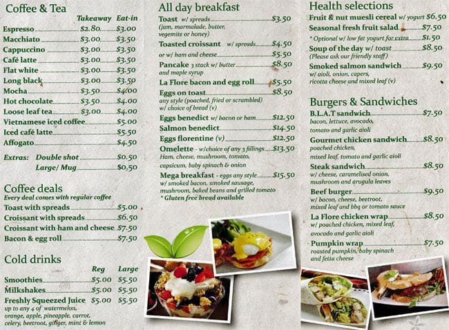 Menu at La Flora cafe, Sydney