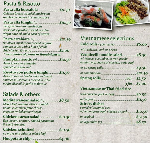 Menu at La Flora cafe, Sydney