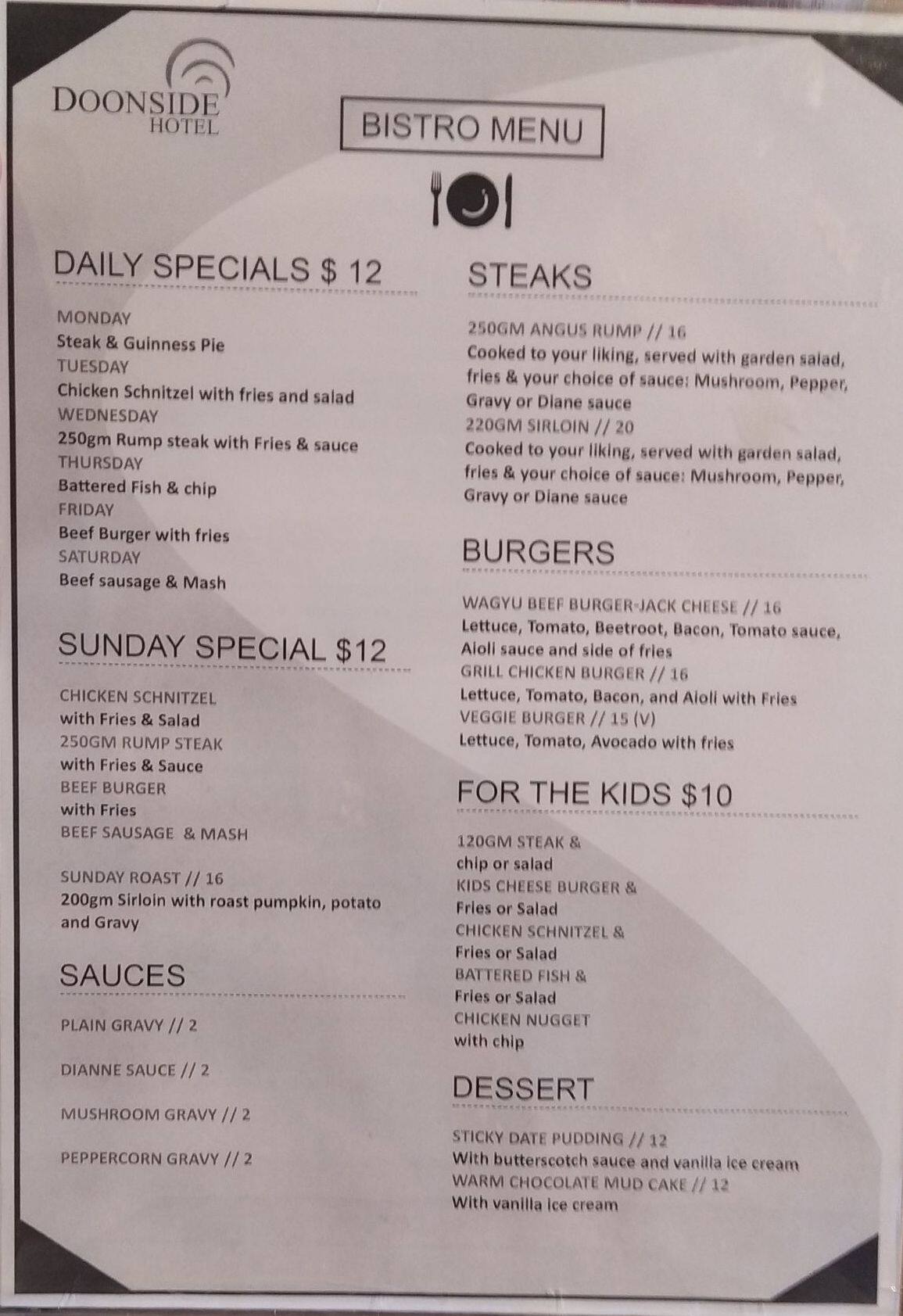 Menu at Strand Bistro - Doonside Hotel pub & bar, Doonside