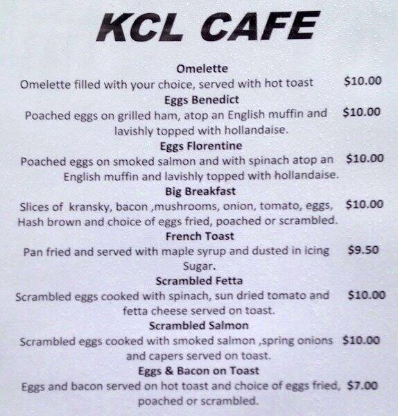 Menu at Kcl cafe, Melbourne