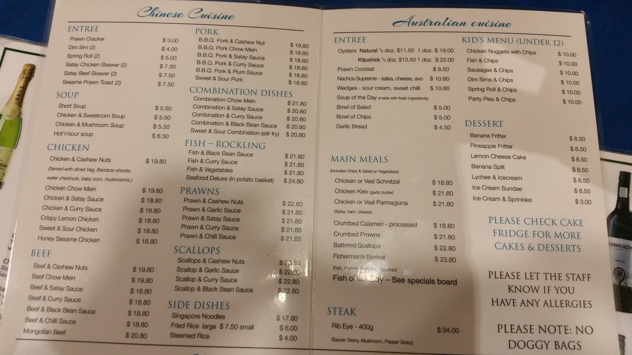 Menu at Lakes Entrance RSL restaurant, Lakes Entrance