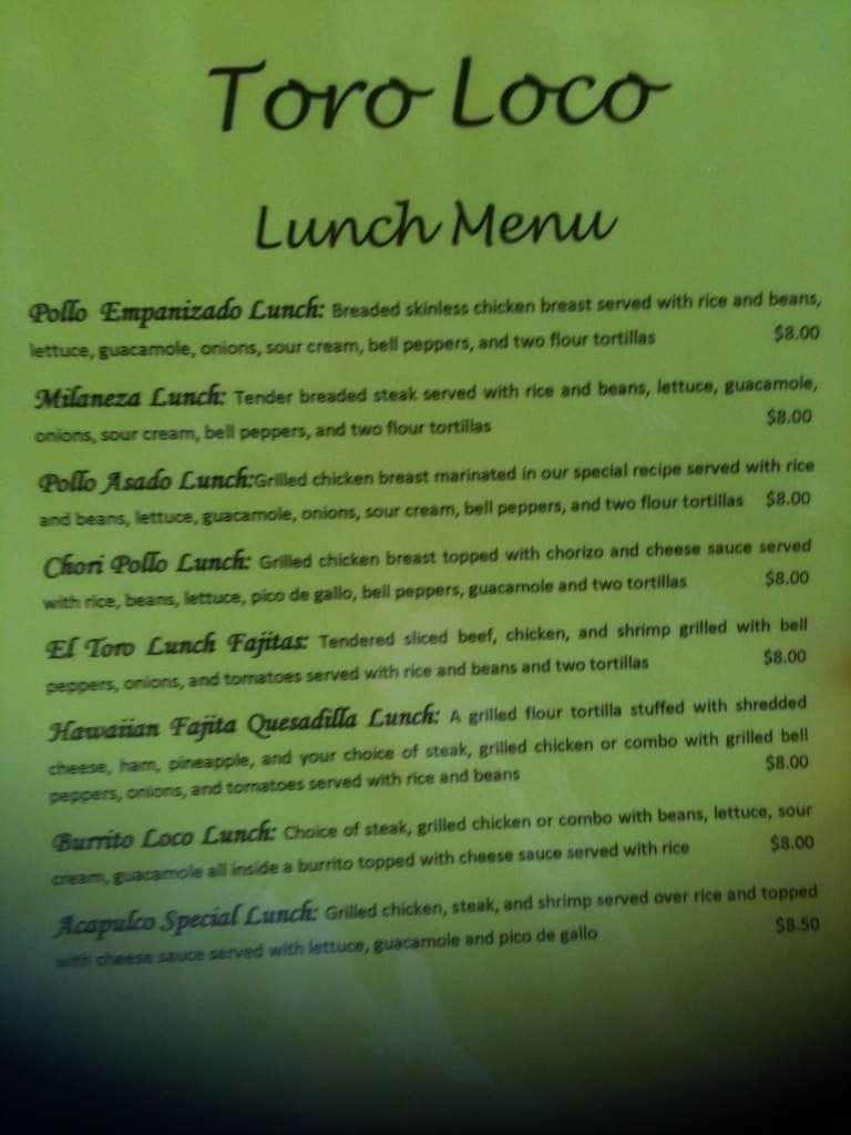 Menu at Toro Loco restaurant, Urbana
