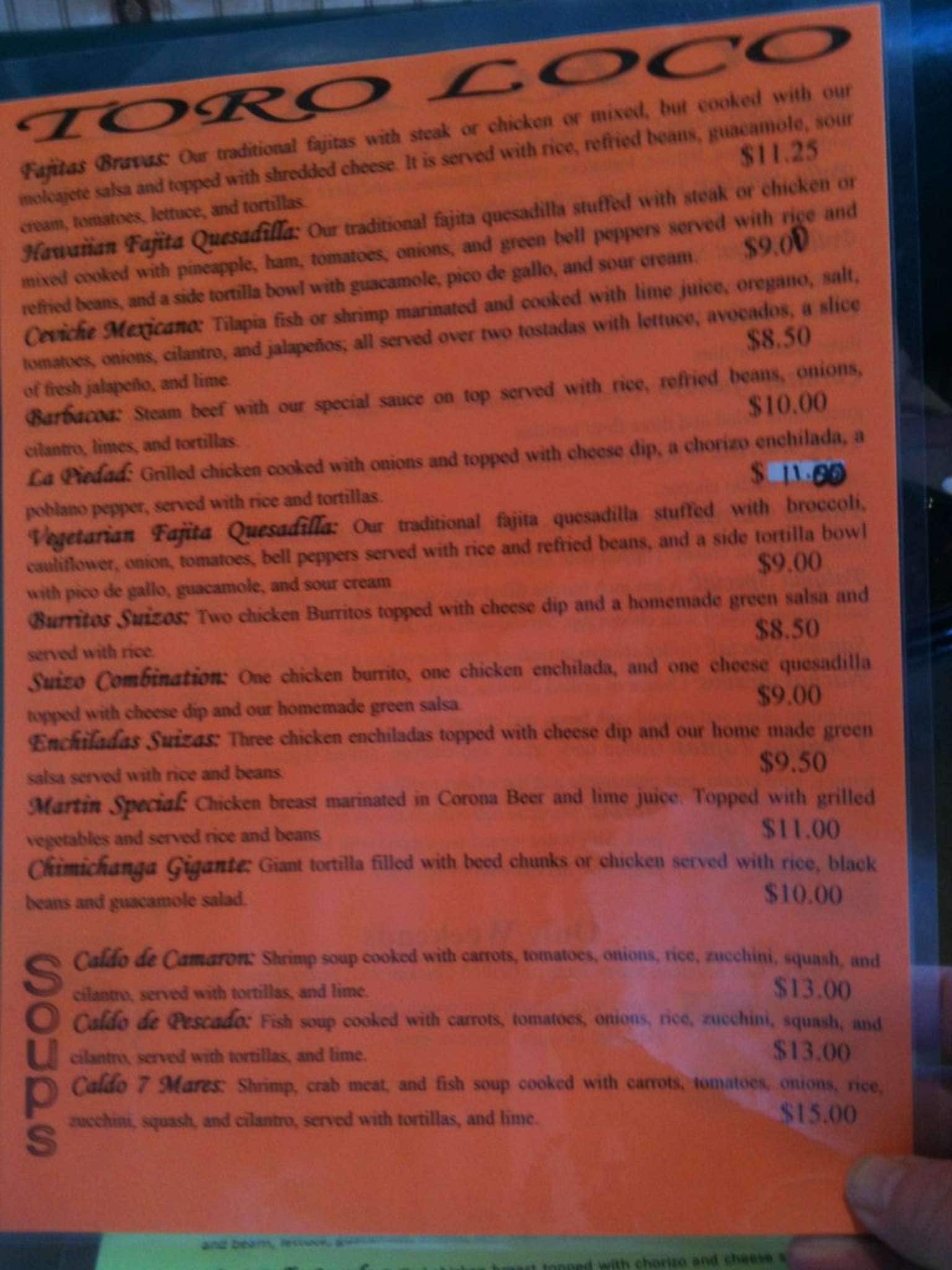 Menu at Toro Loco restaurant, Urbana