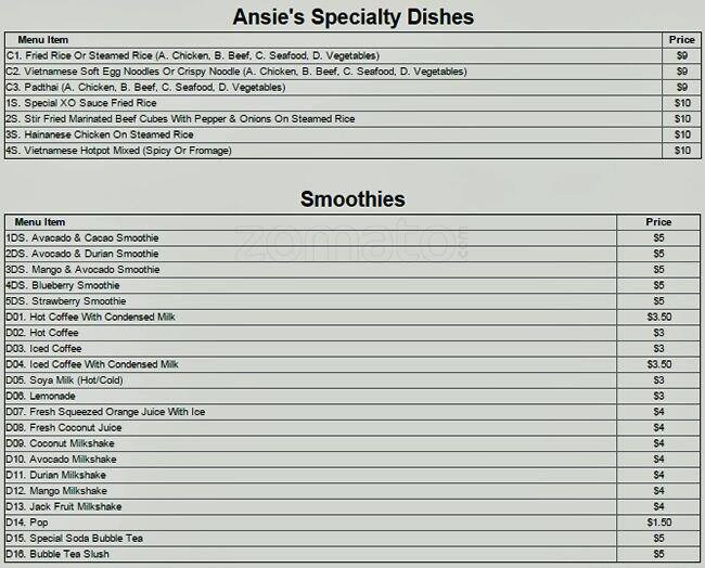 Menu at Pho Anise restaurant, Vaughan