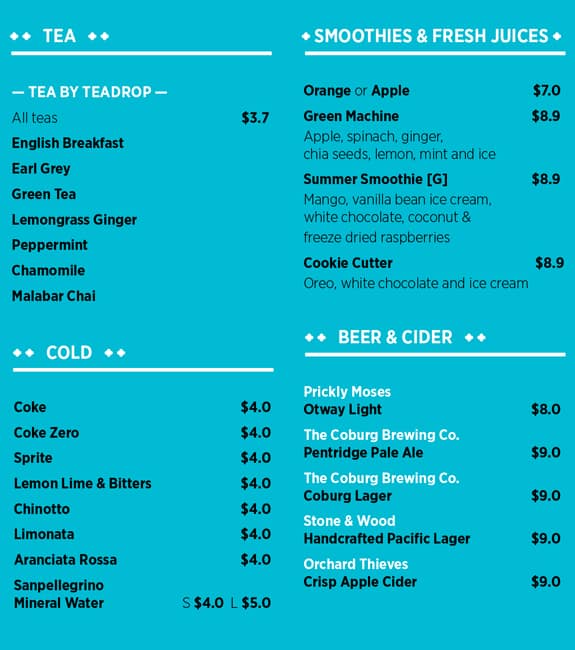 Carta del café Dear Abbey, Moonee Ponds