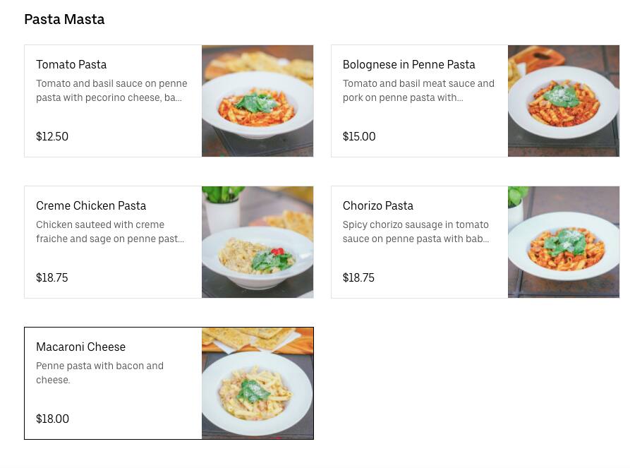 Menu at Pasta Masta, Auckland