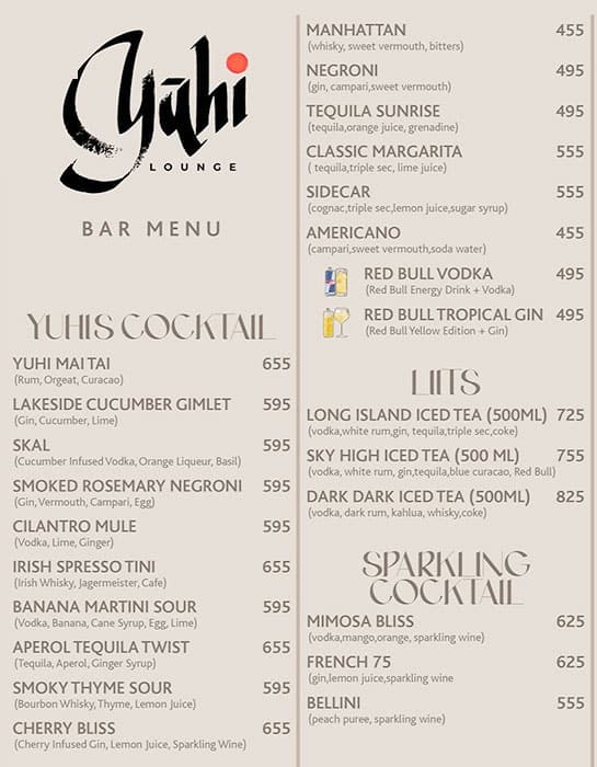 Menu of Yuhi, Powai, Mumbai