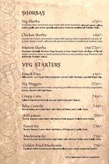 Menu of Barkaas Indo Arabic Restaurant, Kukatpally, Hyderabad
