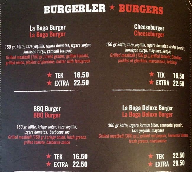 Menu at La Boga, Istanbul, Moda Cd. 48/A