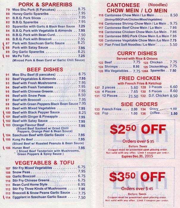 Menu at Eden Chinese Food restaurant, Toronto, Coxwell Ave