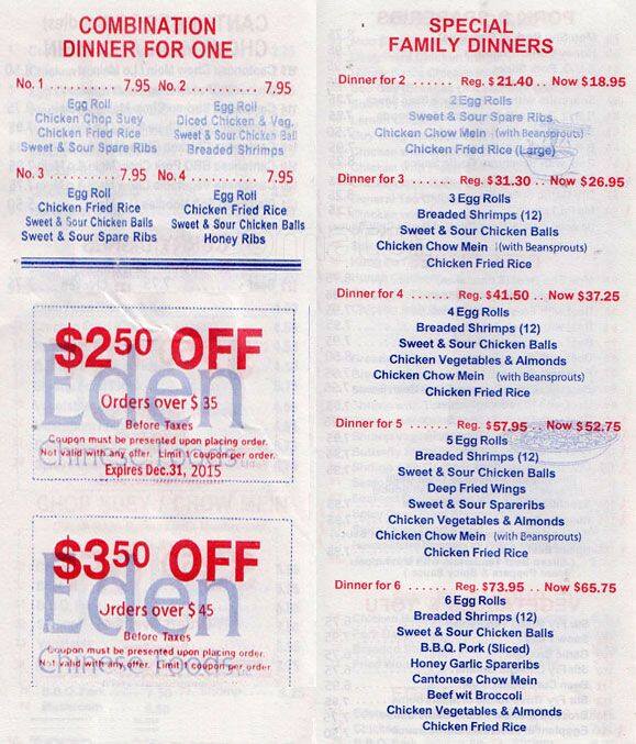 Menu at Eden Chinese Food restaurant, Toronto, Coxwell Ave
