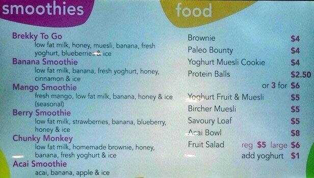 Menu at Crush Juice Bar, Sydney