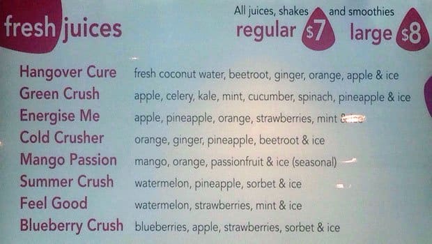 Menu at Crush Juice Bar, Sydney