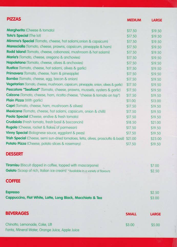 Menu at Totos Pizzeria Rodd Point, Rodd Point