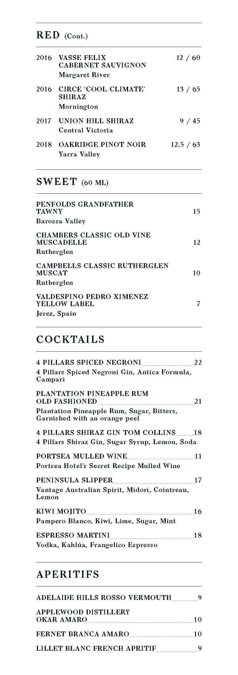 Menu at Portsea Hotel pub & bar, Portsea