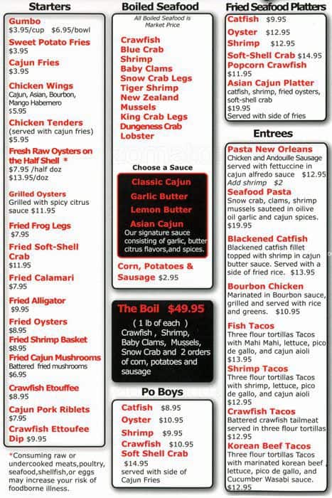 Menu at The Asian Cajun restaurant, Denver