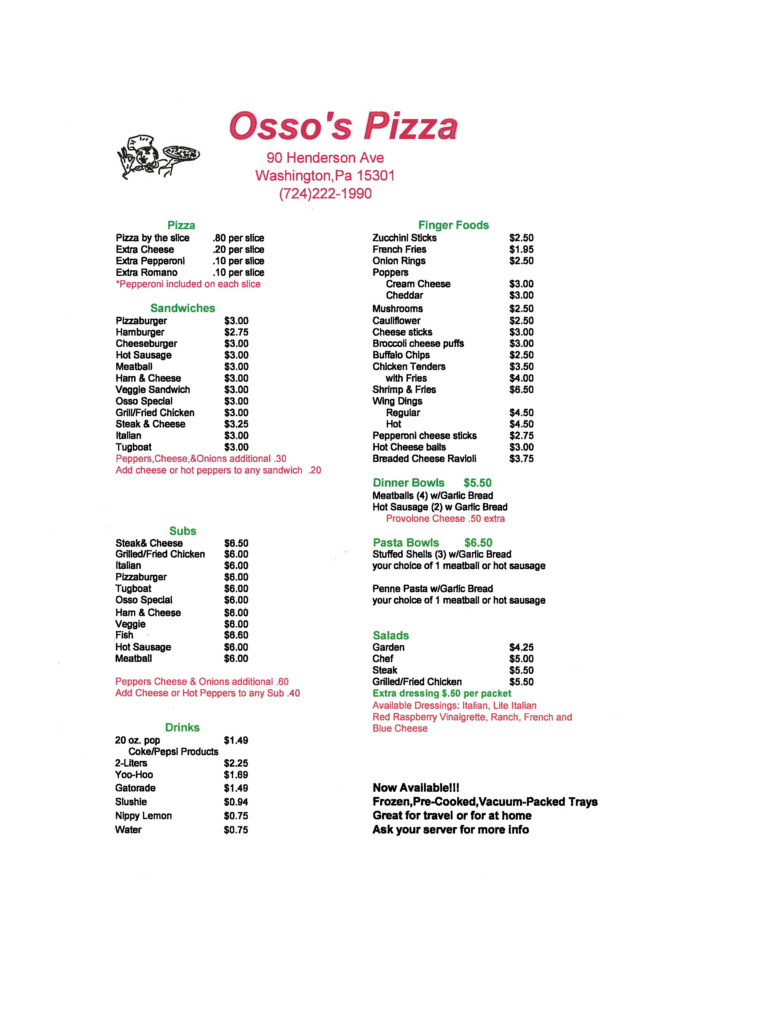 Menu at Osso's Original Pizza pizzeria, Washington