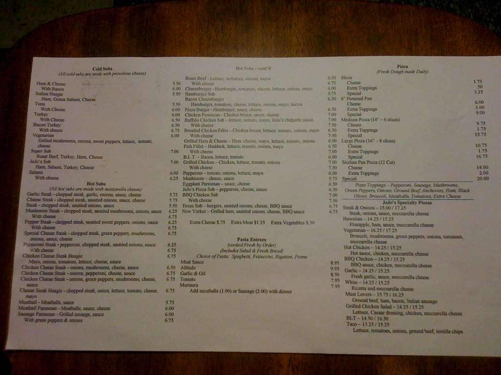 Menu at Jojo's Original Italian Pizza pizzeria, Millerstown