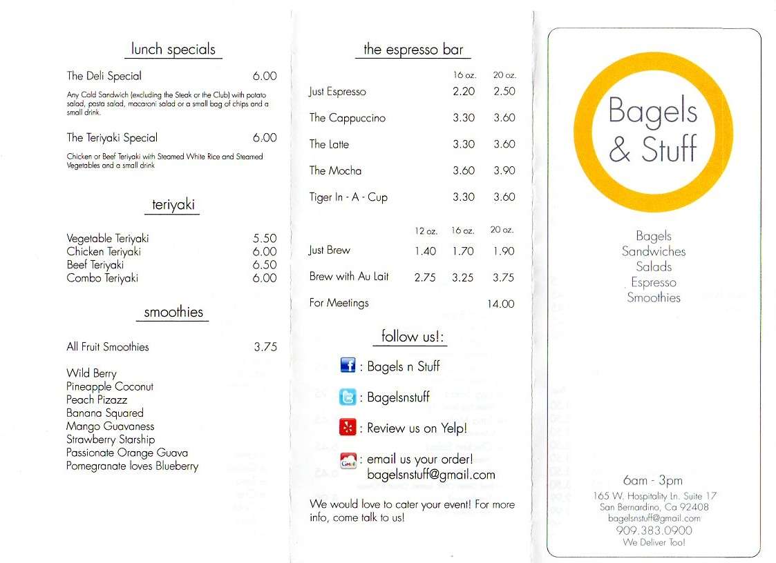 Menu at Bagel & Stuff, San Bernardino