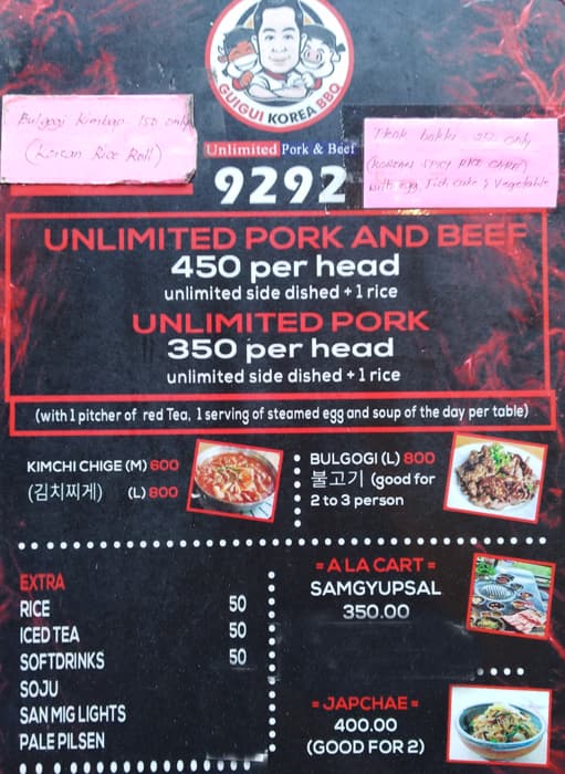 Carta del restaurante 9292 Samgyupsal Unlimited Pork&Beef, Silang