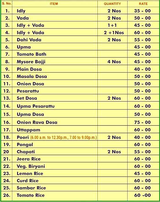Menu of New Srinivasa Bhavan, Sanath Nagar, Hyderabad