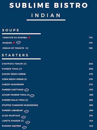 Menu of Sublime Bistro, Bibvewadi, Pune
