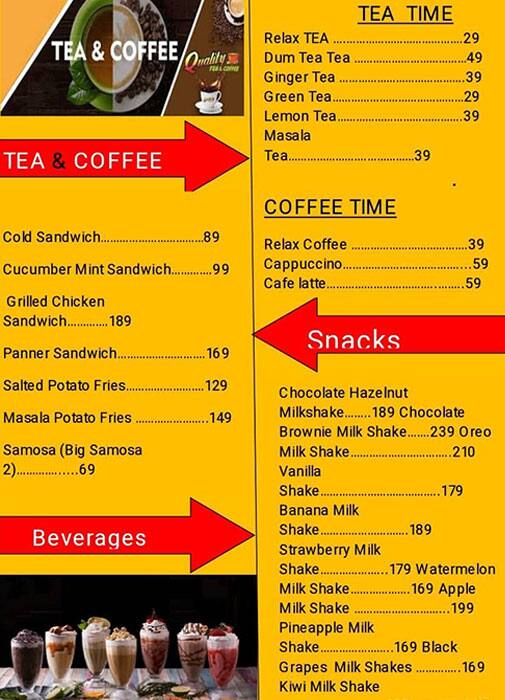 Menu of Relax Time, Lingampally, Hyderabad