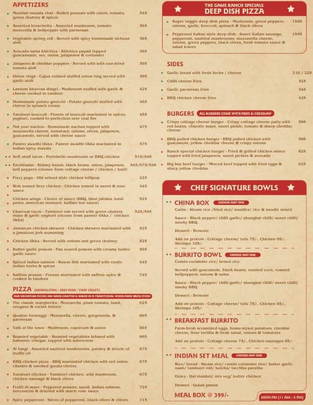 Menu of The Game Ranch, Powai, Mumbai