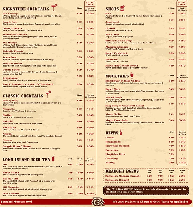 Menu of The Game Ranch, Powai, Mumbai