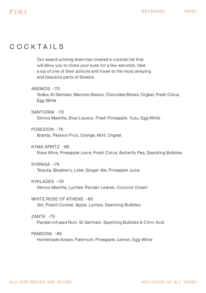 Menu of KYMA Restaurant, Palm Jumeirah, Dubai