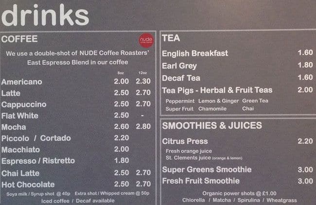 Menu at Sista Barista @ the smokehouse, London