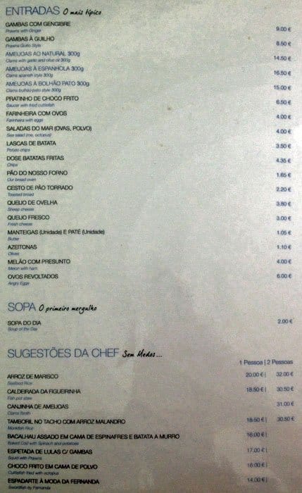 Menu at Bar Mar, Setúbal Municipality