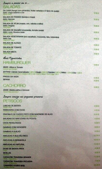 Menu at Bar Mar, Setúbal Municipality