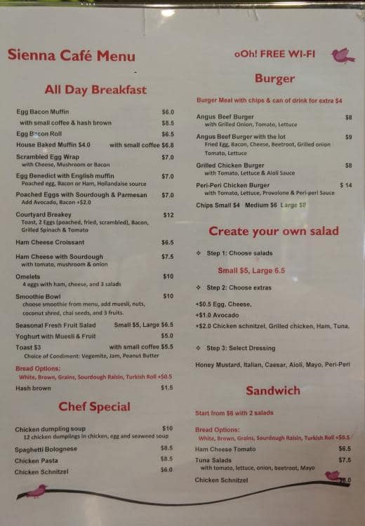 Menu at Sienna Cafe, Surry Hills, 407 Elizabeth St
