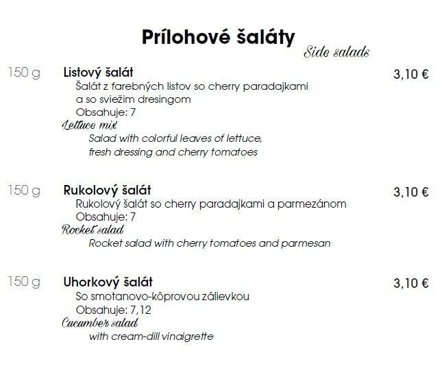 Menu at BERG restaurant, Bratislava