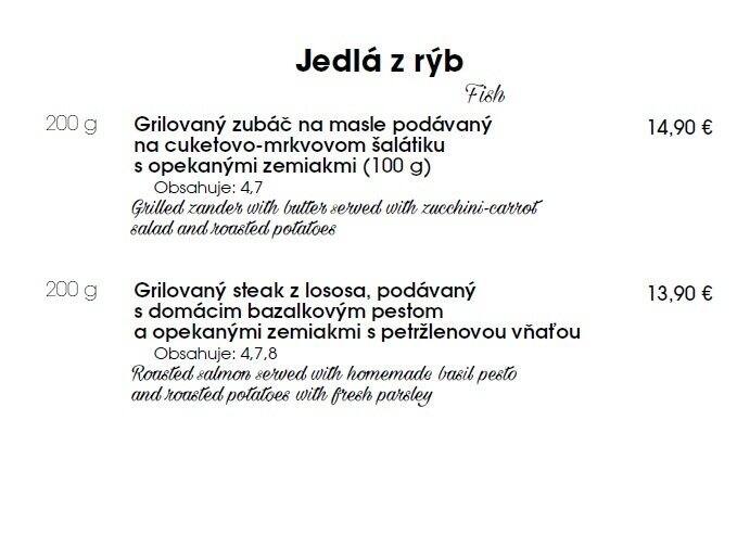 Menu at BERG restaurant, Bratislava