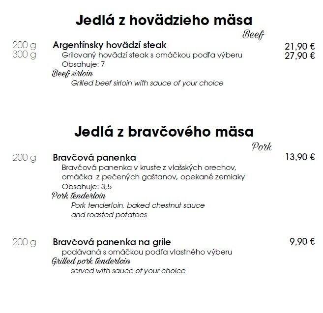 Menu at BERG restaurant, Bratislava