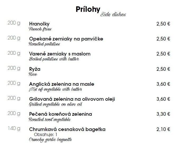 Menu at BERG restaurant, Bratislava