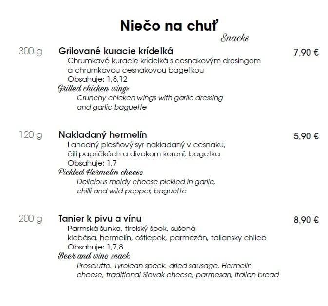 Menu at BERG restaurant, Bratislava