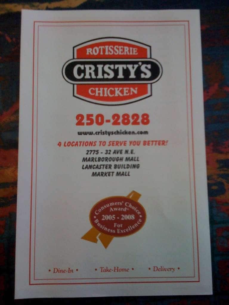 Menu at Cristy's Roast Chicken restaurant, Calgary, 32 Ave NE