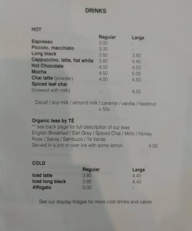 Menu at Spark Expresso cafe, Stanmore