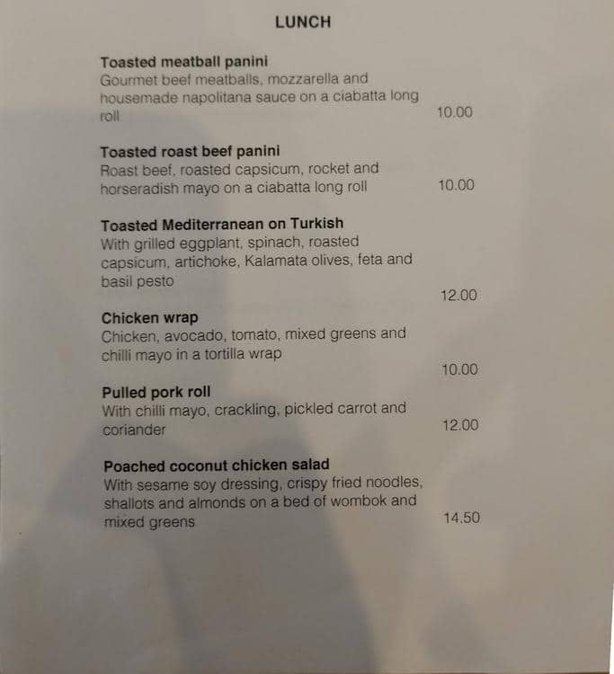 Menu at Spark Expresso cafe, Stanmore