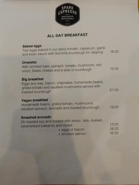 Menu at Spark Expresso cafe, Stanmore