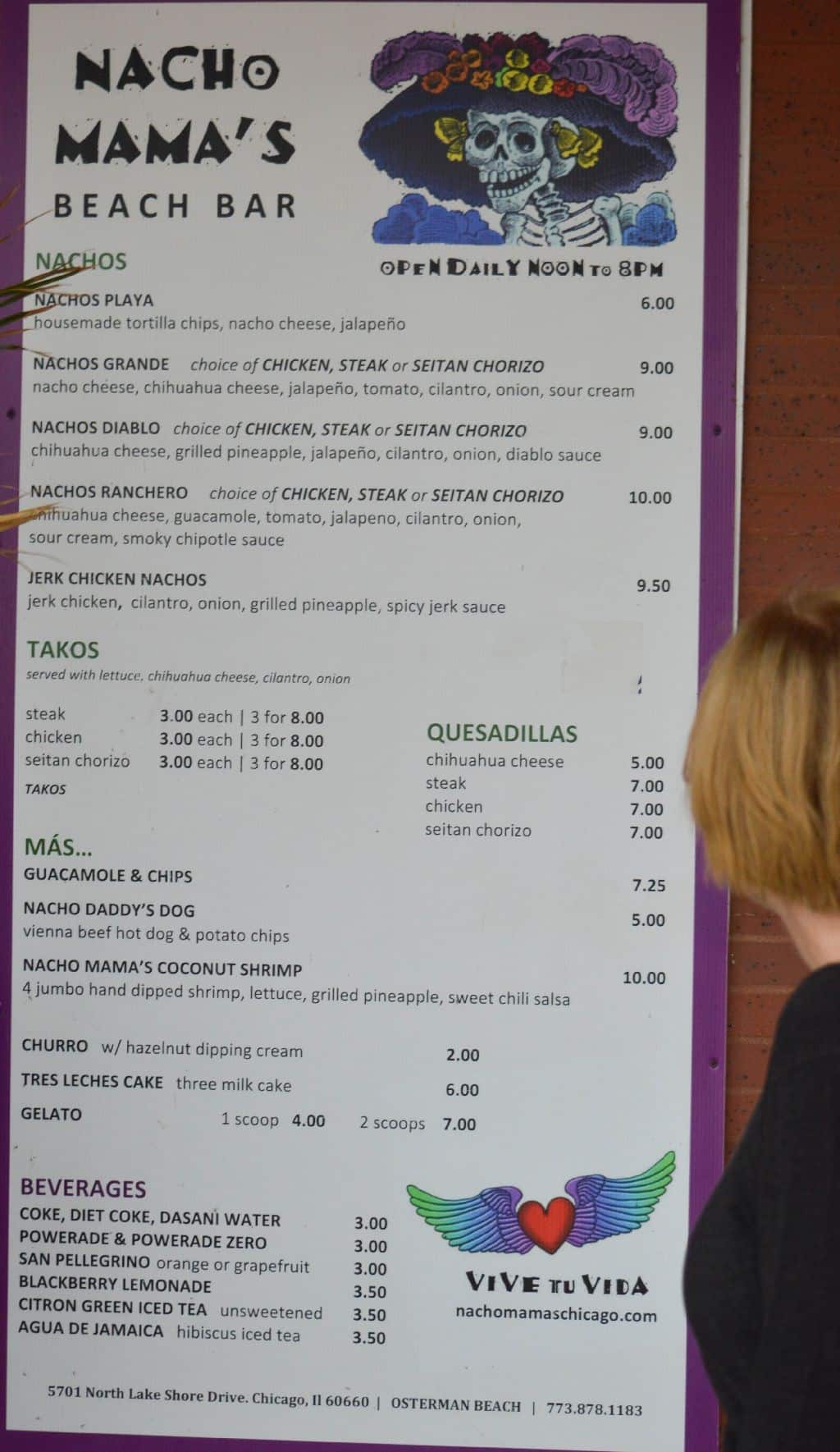 Menu at Nacho Mama's Beach Bar at Osterman Beach, Chicago