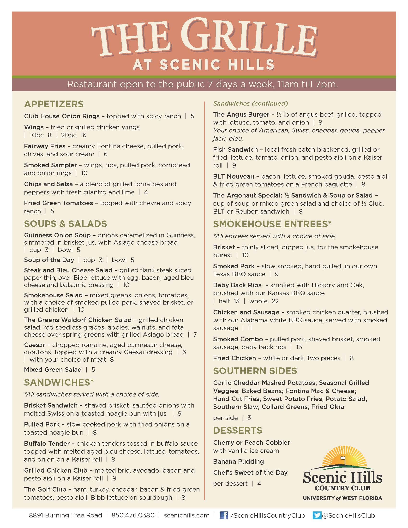Menu at Scenic Hills Country Club, Pensacola