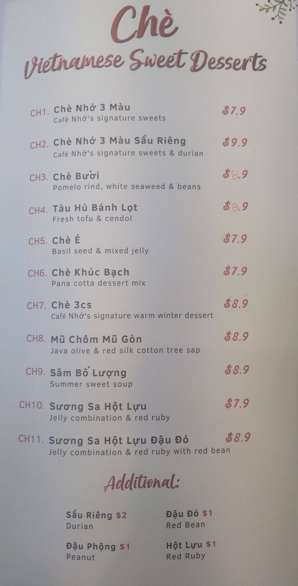 Menu at Cafe Nho Marrickville, Marrickville